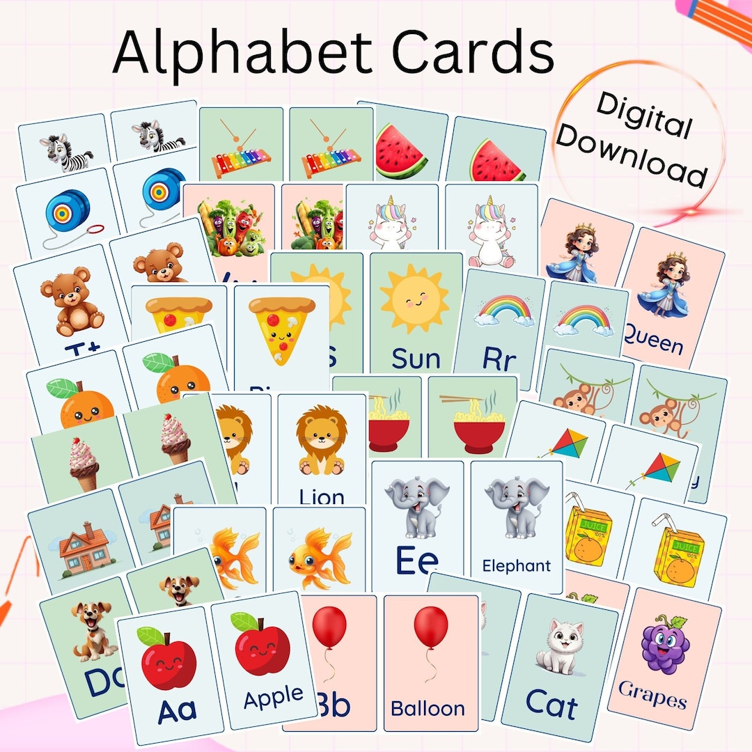 Printable Colorful Illustrative Alphabet Flash Cards, Digital Download ...
