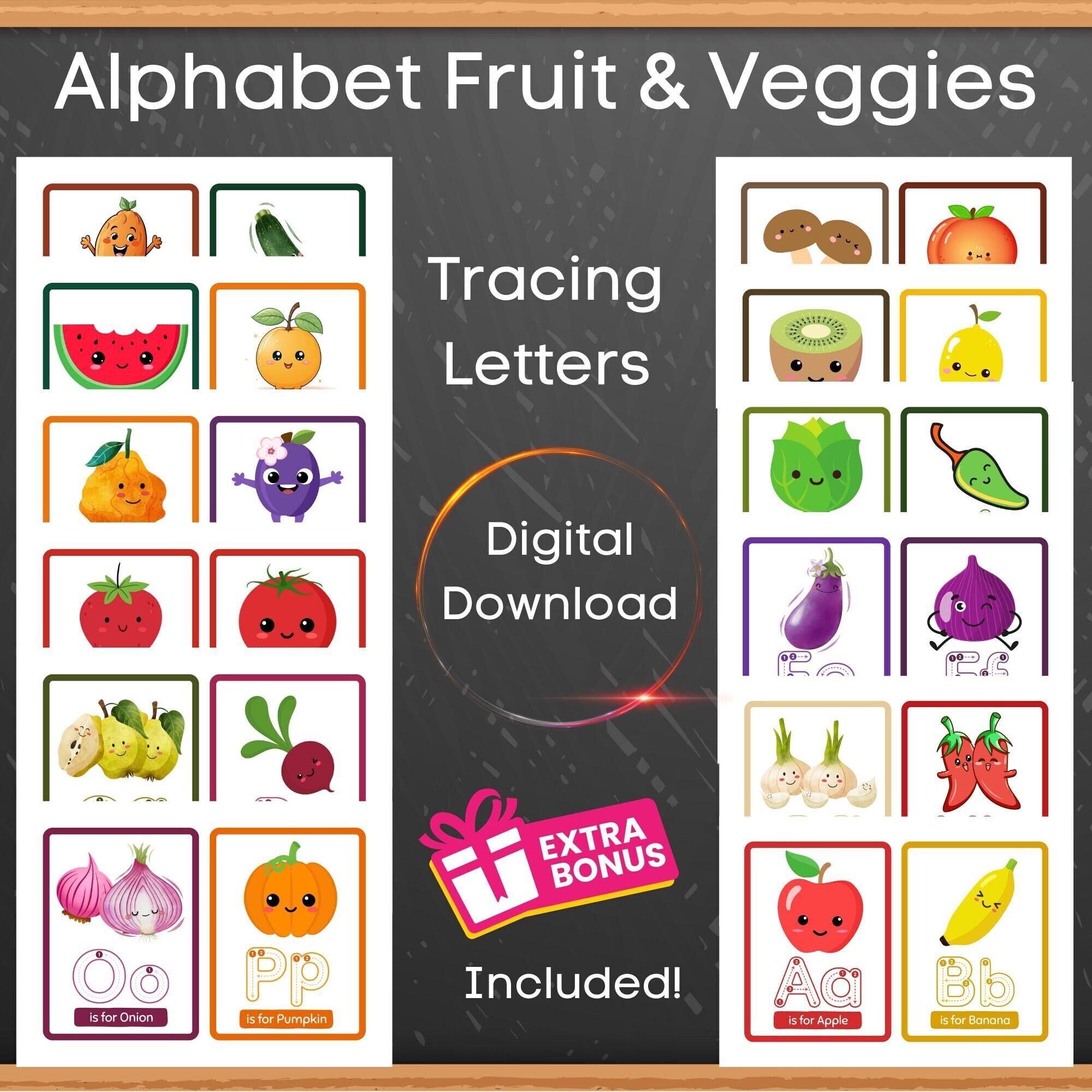 Colorful Alphabet Flashcards Fruit and Veggies, Instant Download ...