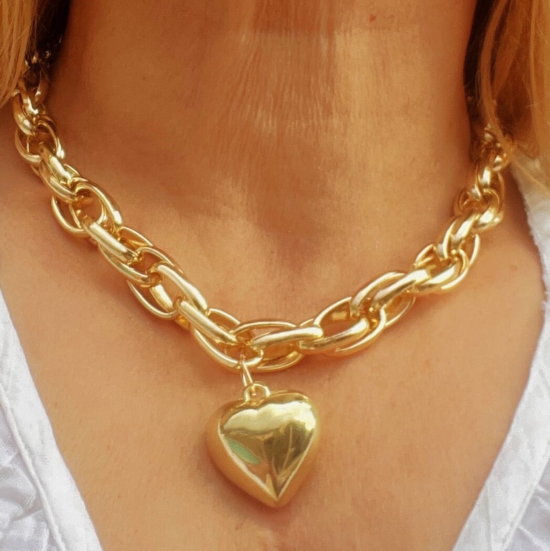 Chunky Gold Heart Pendant Necklace Silver/gold Large Heart Chain ...