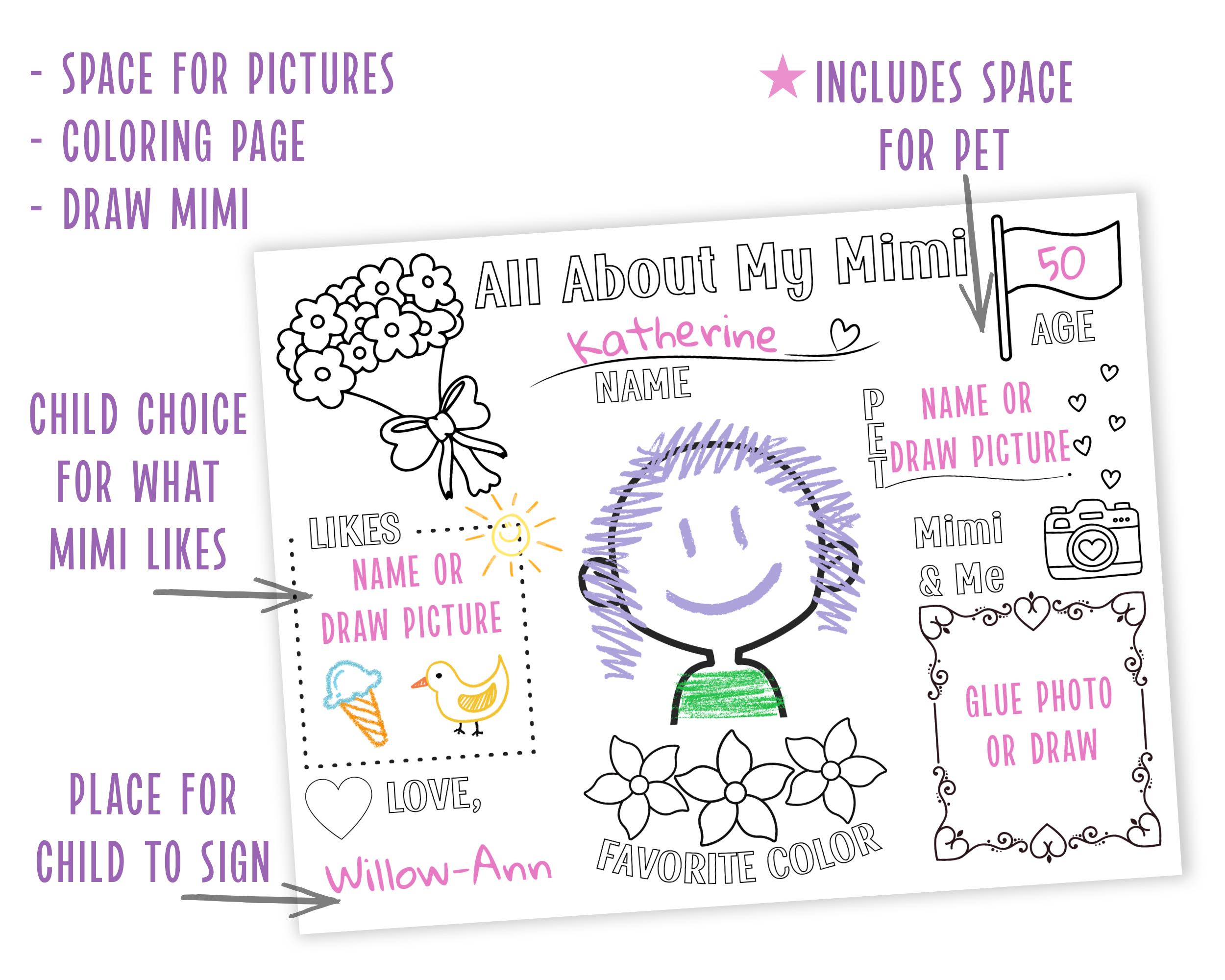 All About My Mimi Printable, Coloring Page for Mimi, Mimi Gift, Mimi ...