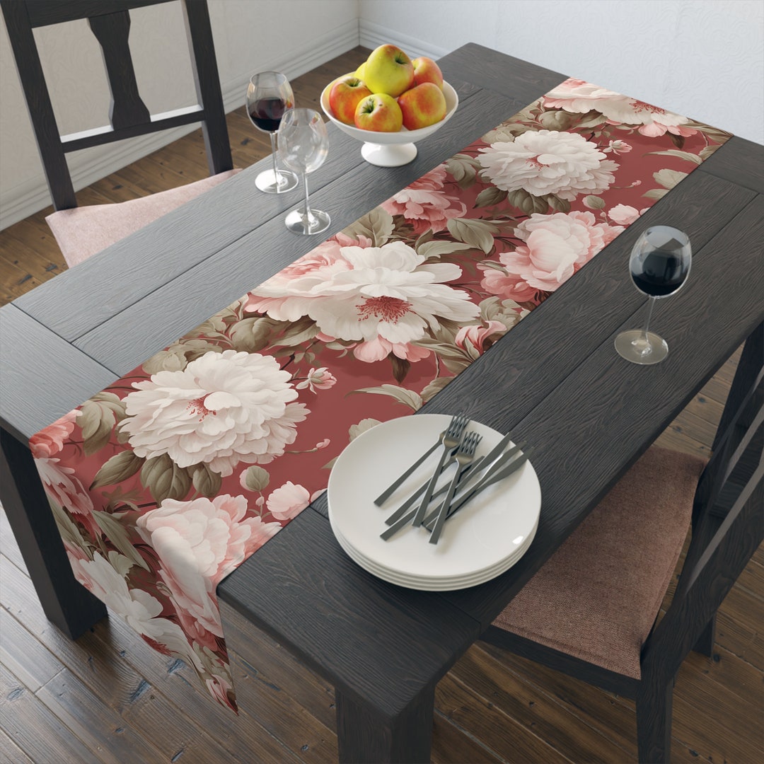 Dusty Pink Floral Table Runner, White Camellias Design, Elegant Dining ...