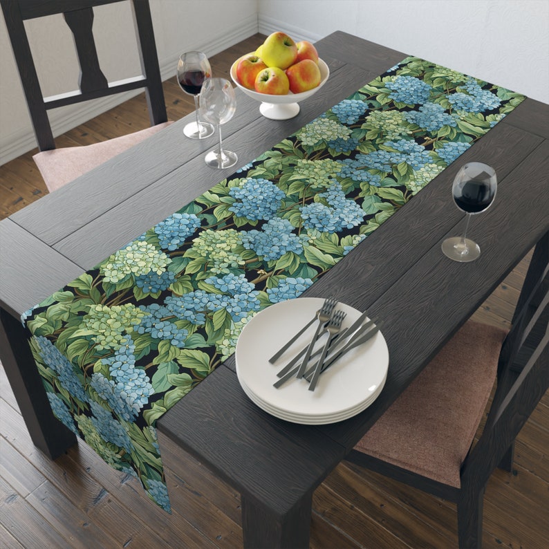 Olive Green and Blue Hydrangea Table Runner, Floral Home Decor, Perfect for Dining, Housewarming ...