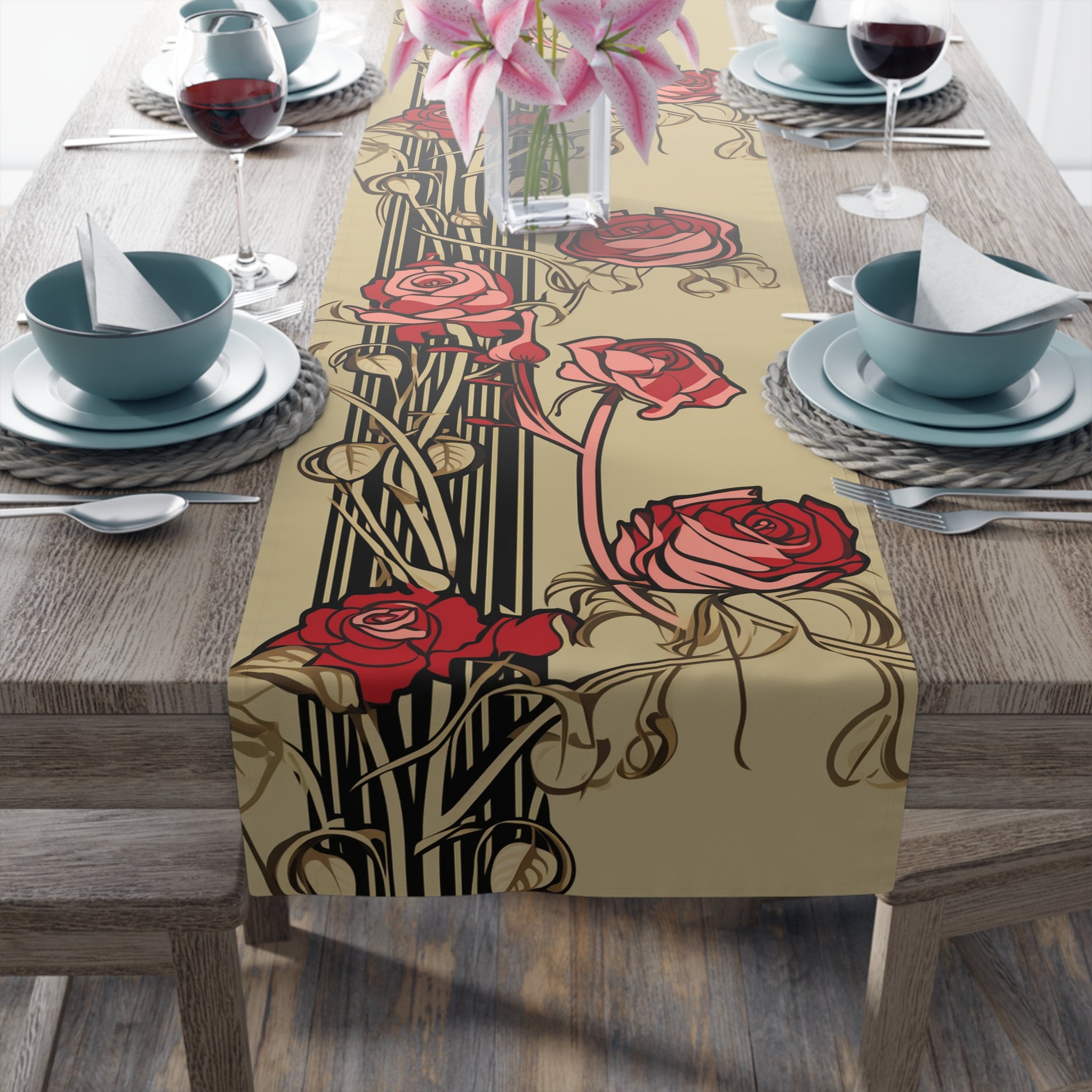 Romantic Red Roses Table Runner, Champagne-pink Floral Design, Ideal ...