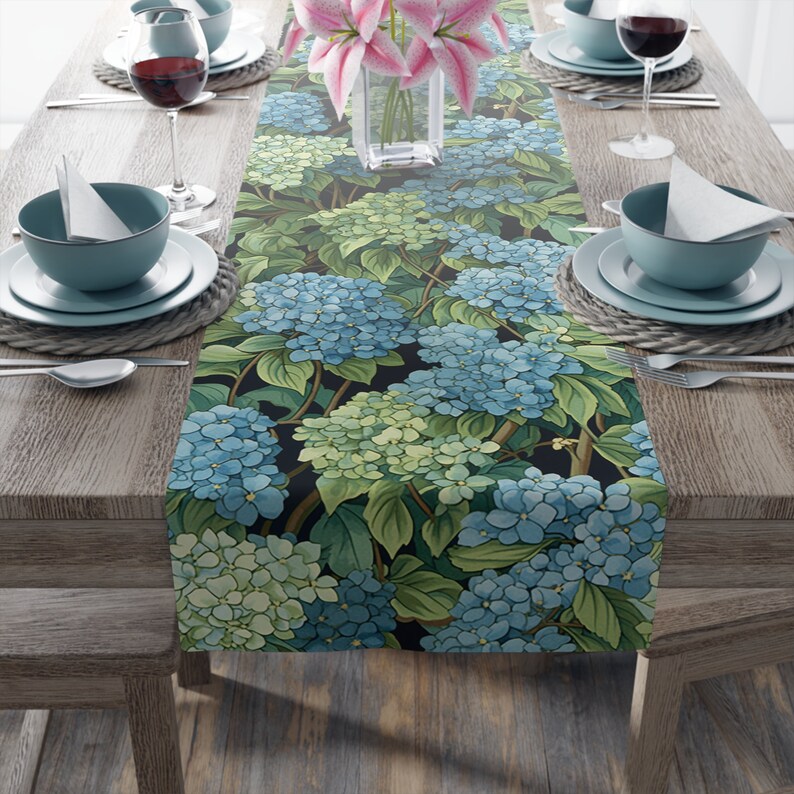 Olive Green and Blue Hydrangea Table Runner, Floral Home Decor, Perfect ...