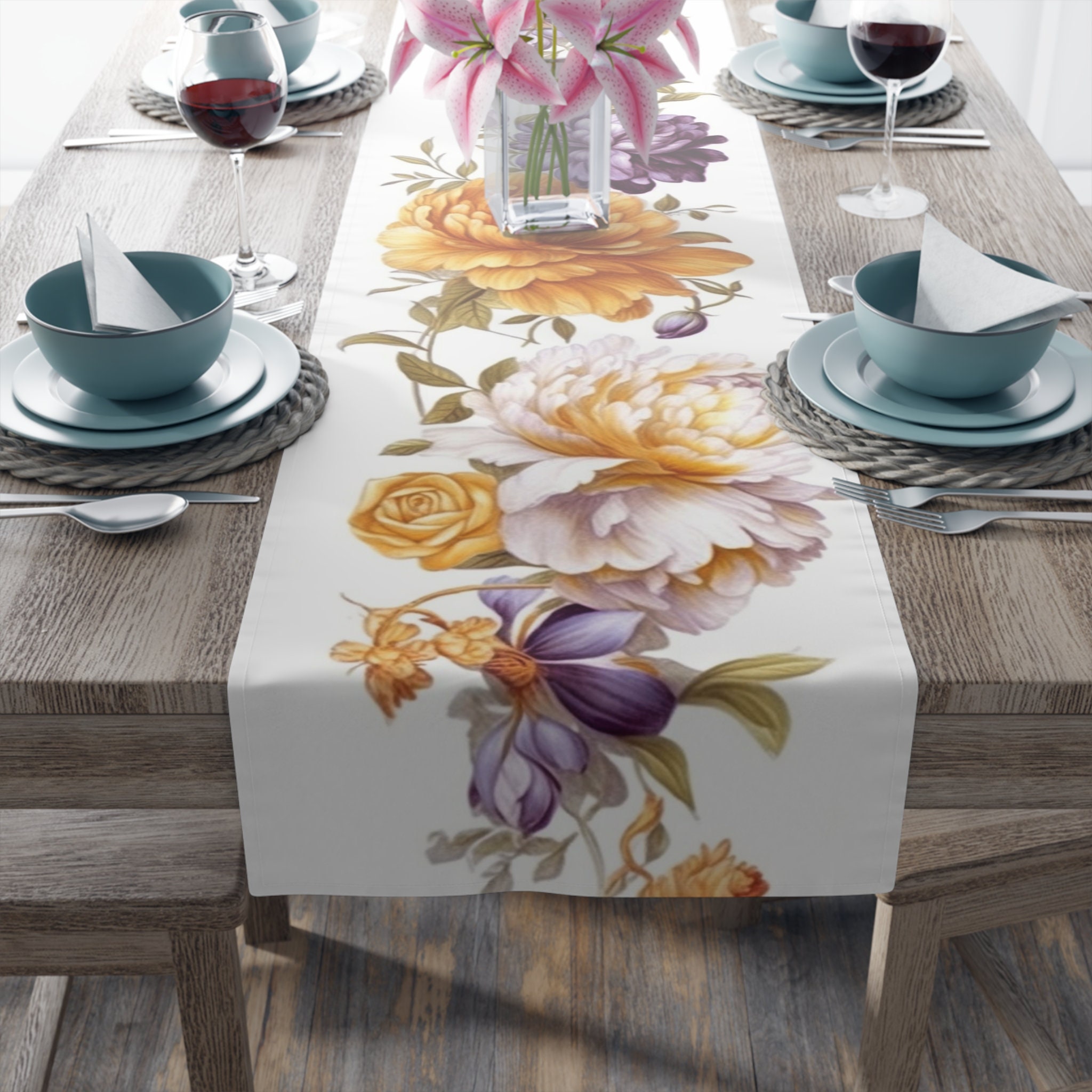 Table Runner With Peonies and Dahlias, Golden and Purple Floral Design, Elegant Dining Decor ...