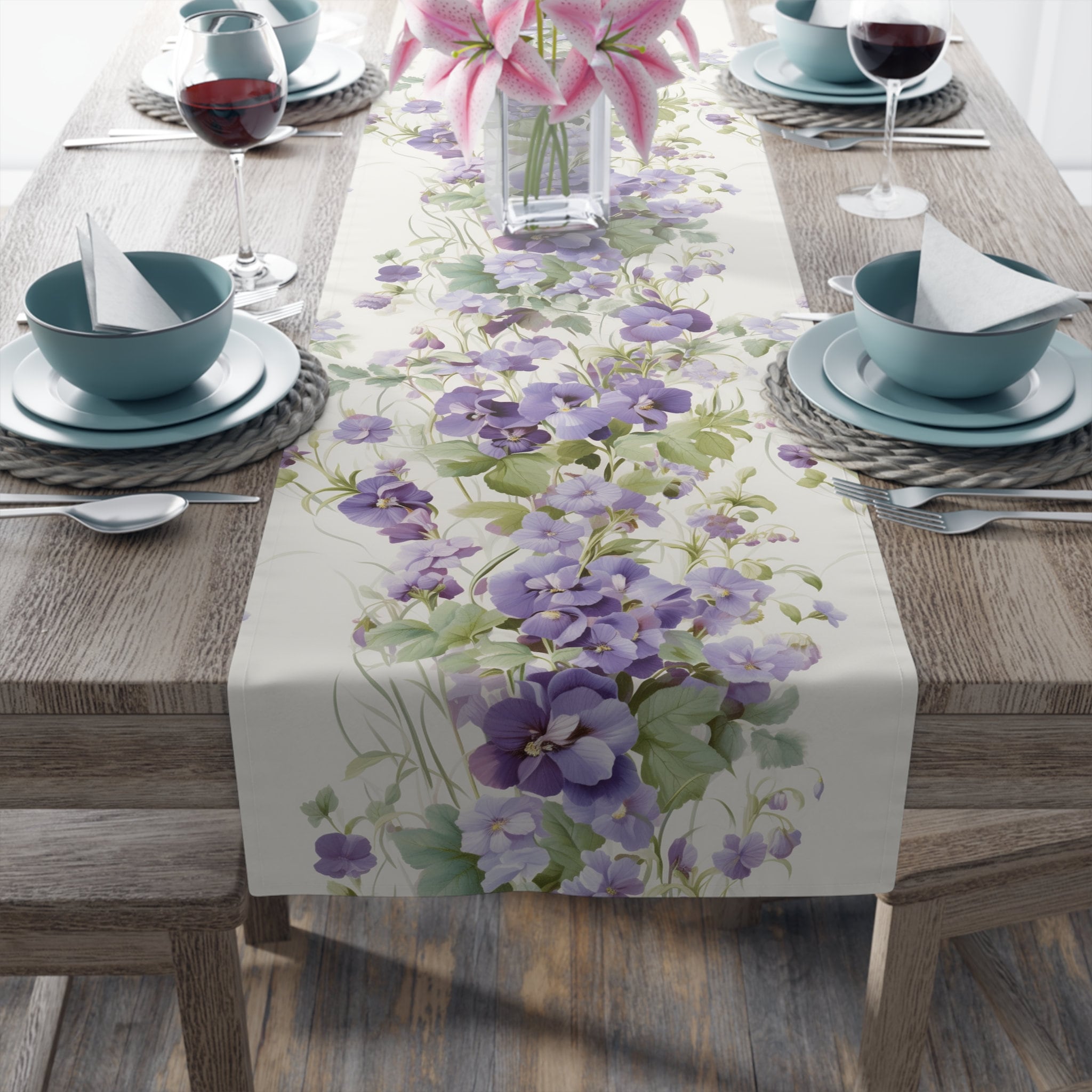 Whimsical Summer Violets Floral Table Runner, Vibrant Flower Design ...