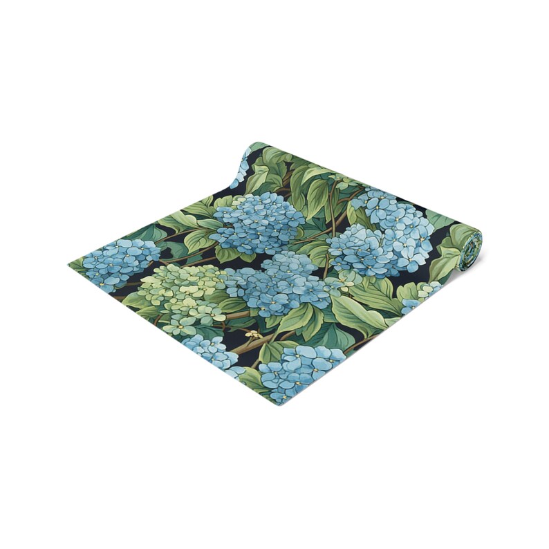 Olive Green and Blue Hydrangea Table Runner, Floral Home Decor, Perfect for Dining, Housewarming ...