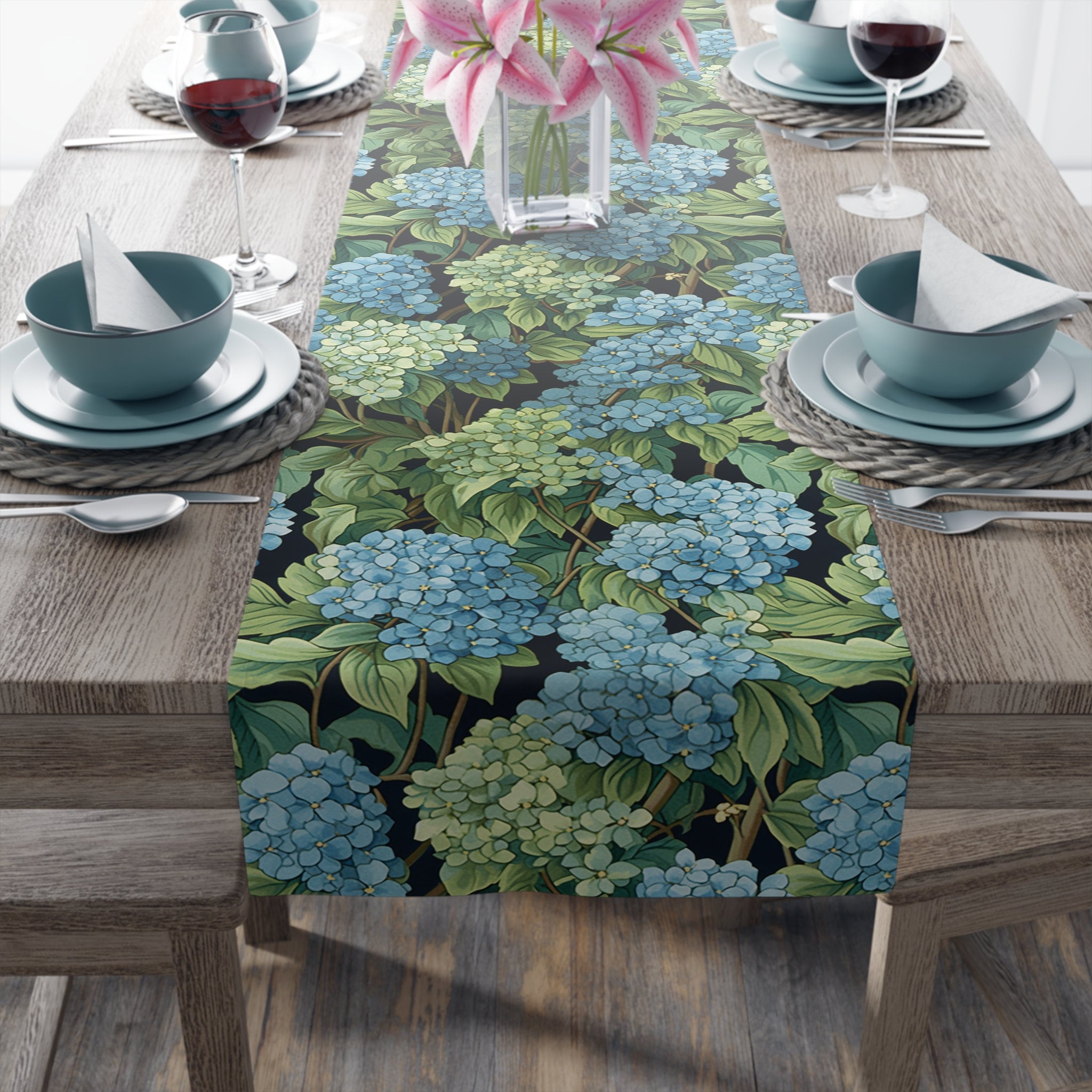 Olive Green and Blue Hydrangea Table Runner, Floral Home Decor, Perfect for Dining, Housewarming ...
