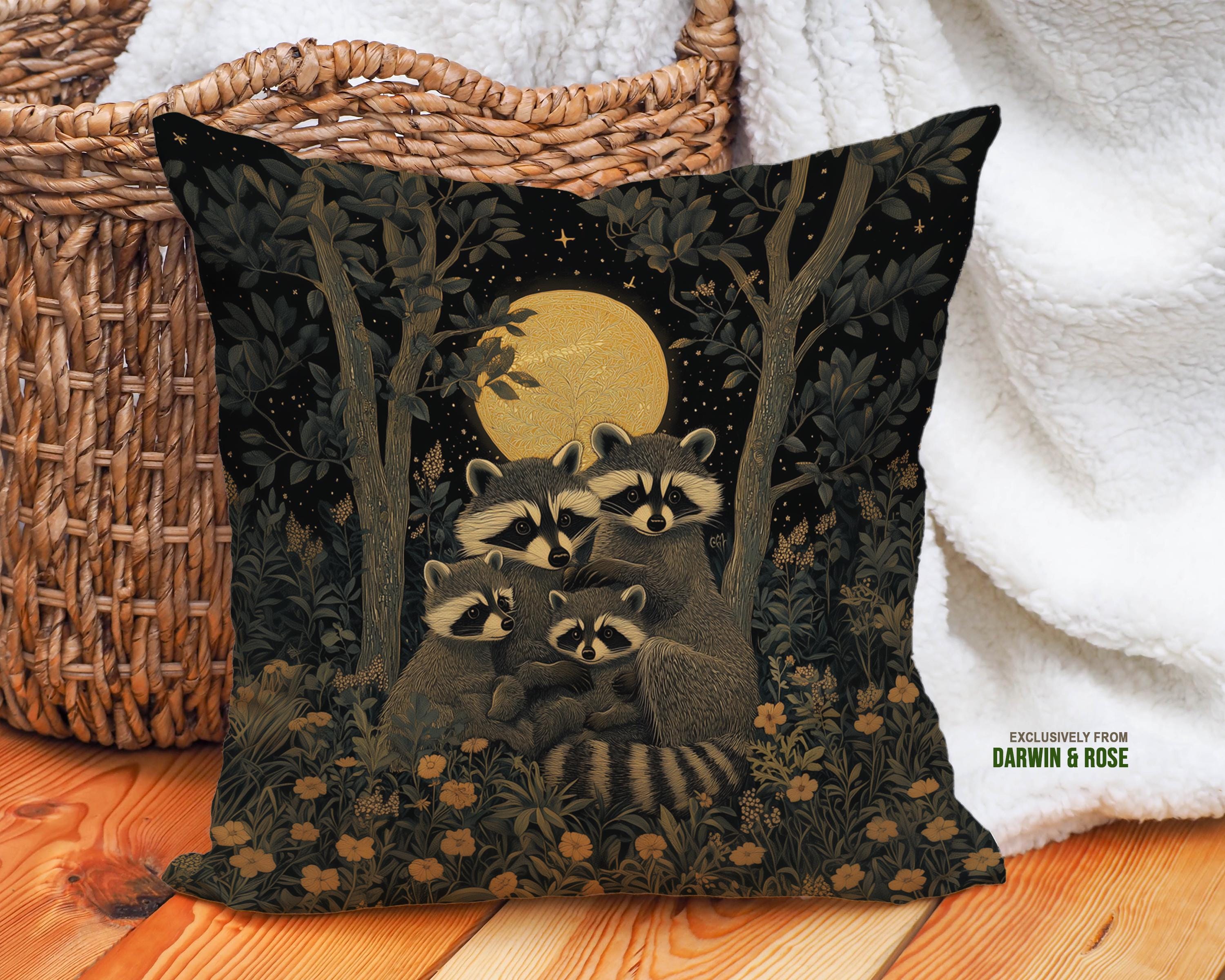 William Morris Style Family of Raccoons Pillow Bohemian Woodland Nature ...