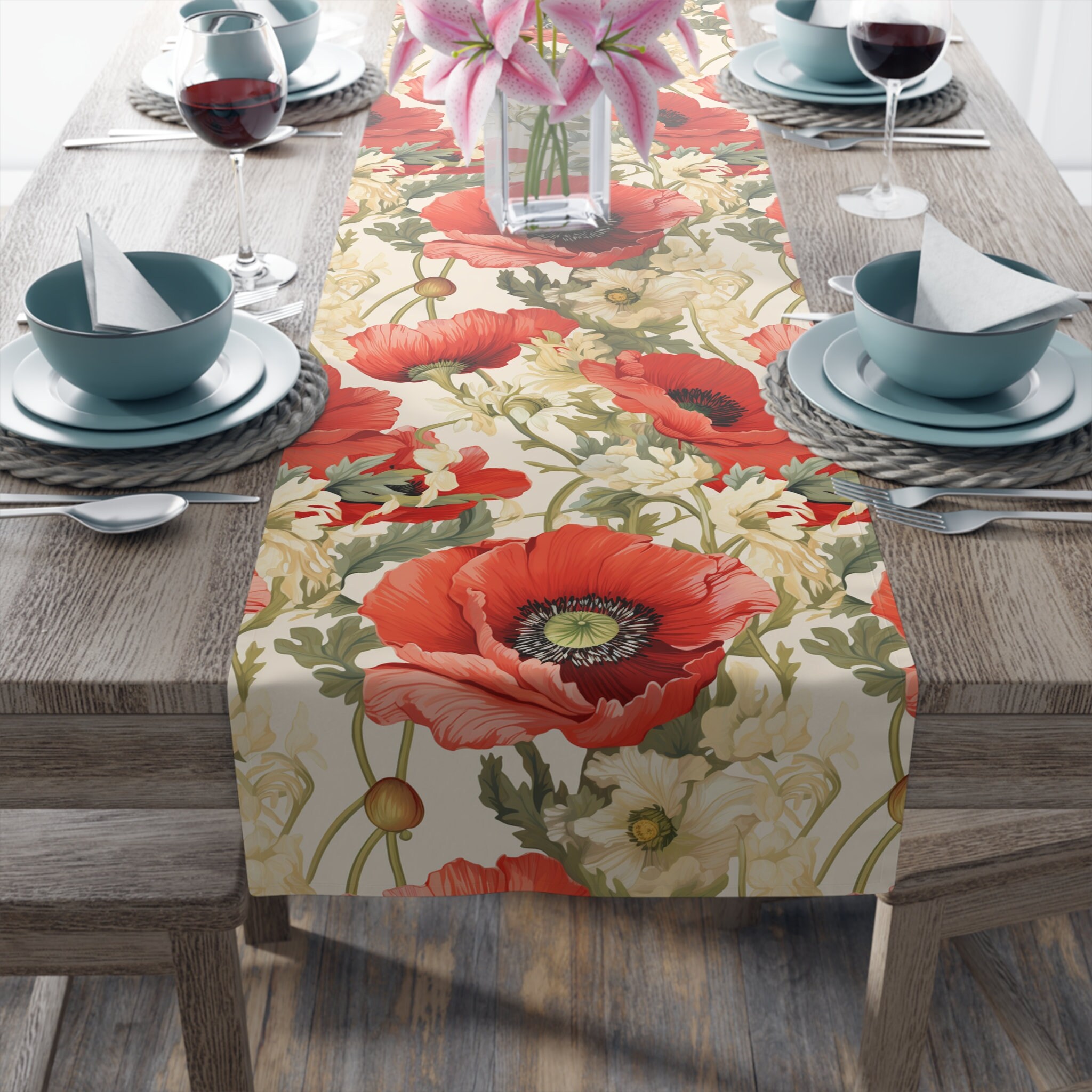 Whimsical Summer Poppies Floral Table Runner, Vibrant Flower Decor ...