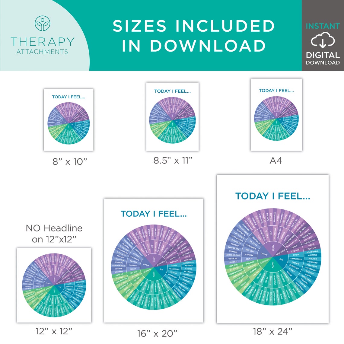 Feelings Wheel Emotion Wheel Chart Poster Instant Download Printable ...