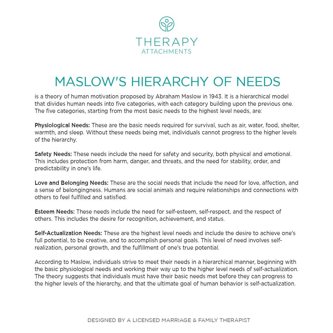 Maslow's Hierarchy of Needs Pyramid Diagram Printable Handout Visual ...