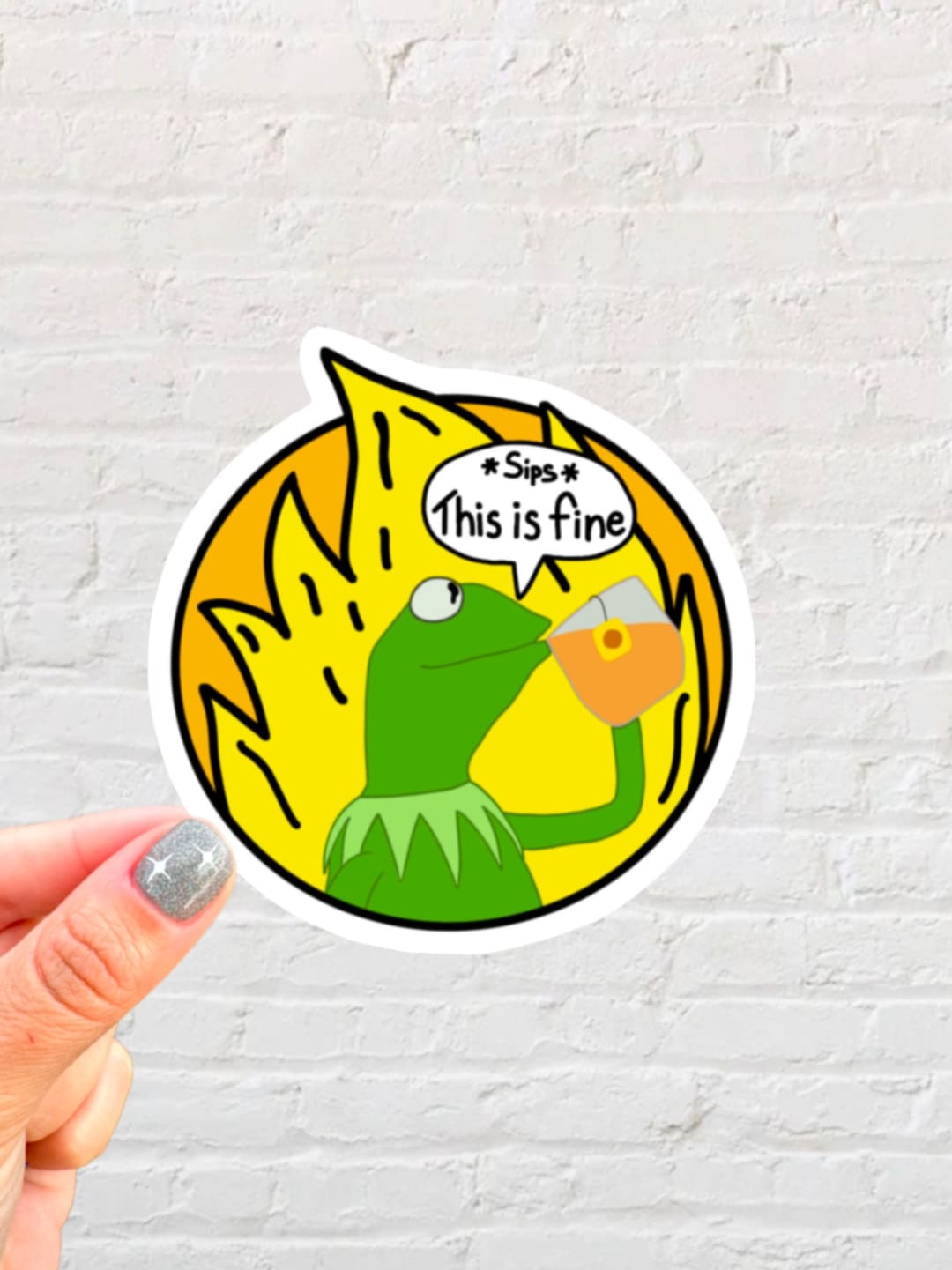 Frog Sticker Meme, This is Fine Sticker, Sipping Tea, Fire Meme, Gift ...
