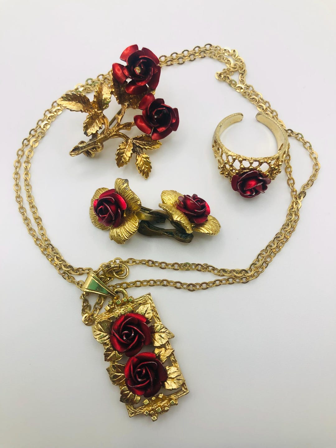 Vintage Red Rose Jewellery Set - Signed Brooch - Etsy