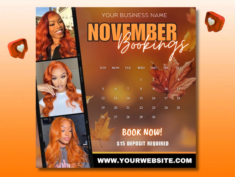 November Bookings Flyer, DIY Fall Book Now Flyer, Beauty, Hair, Lashes ...