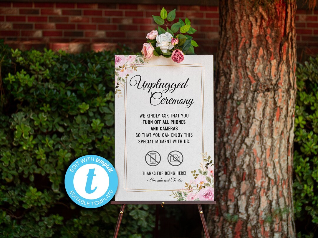 Editable Unplugged Ceremony Wedding Sign Floral Watercolor Roses ...