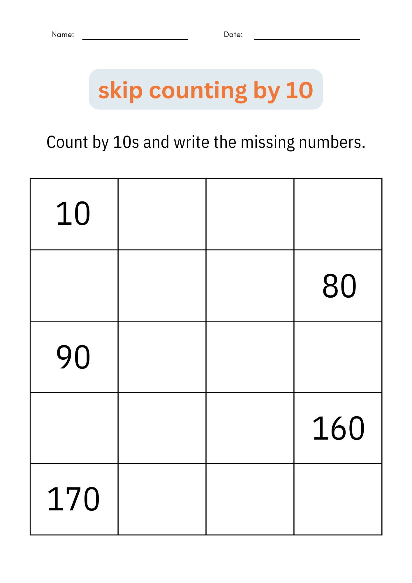 Preschool Skip Counting by 10 Worksheets for Kindergarten Counting by ...