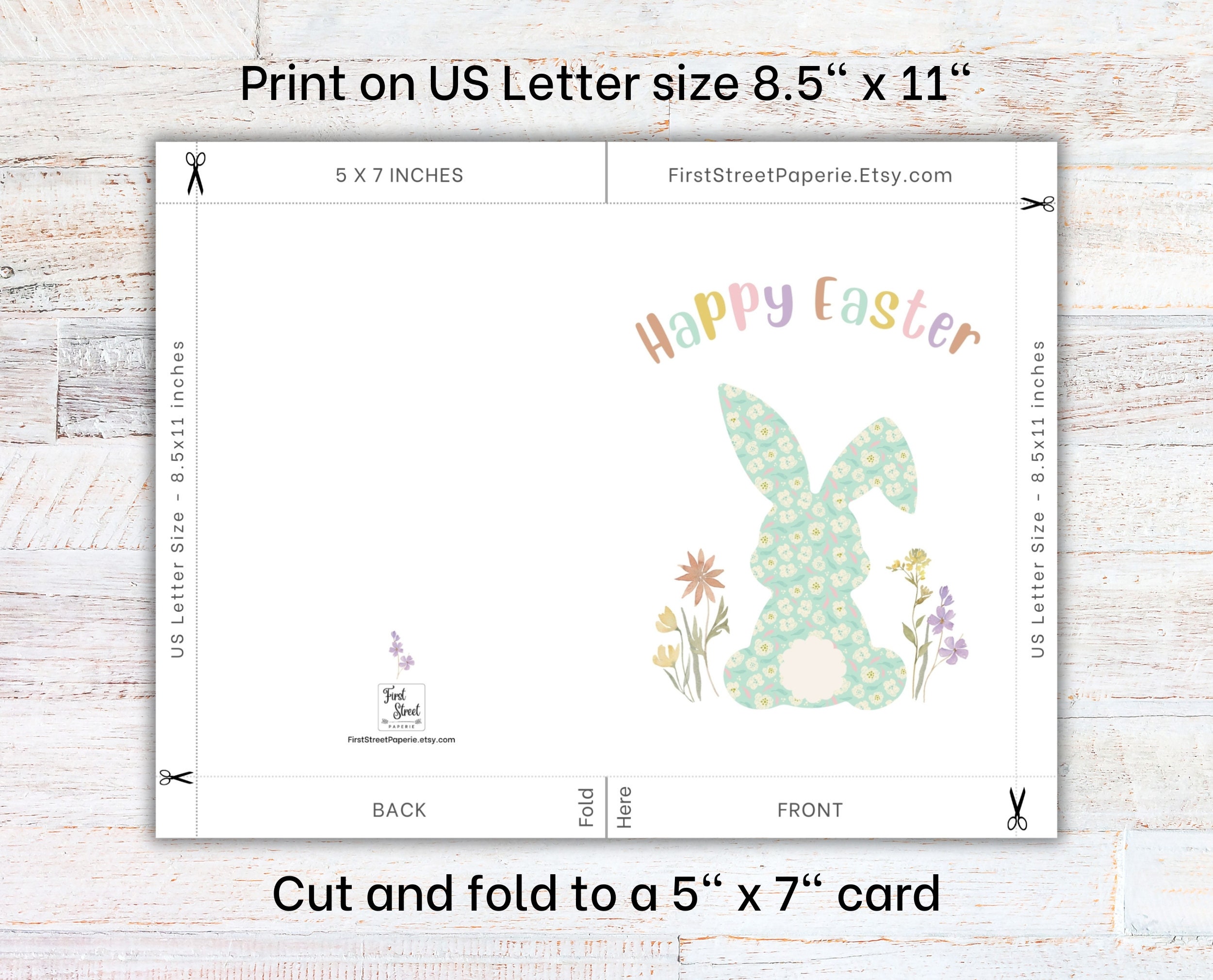 Printable Easter Card With Bunny Rabbit, Watercolor Flowers, Instant ...