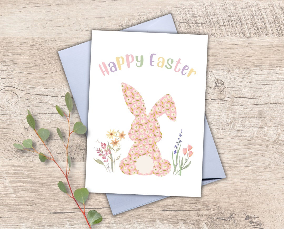 Printable Easter Card With Pink Bunny Rabbit, Watercolor Flowers ...