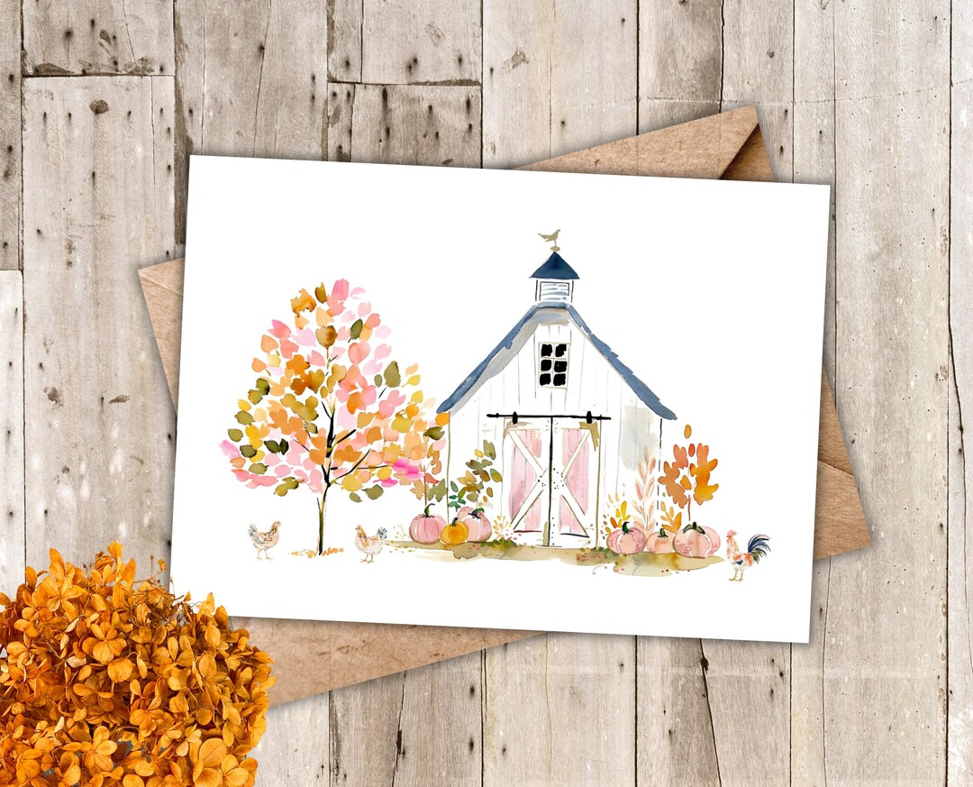Printable Fall Card | Watercolor Autumn Barn Scene With Pumpkins ...