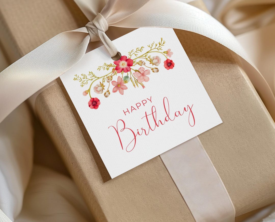 Printable Birthday Gift Tags, Pink Floral Square Gift Tag Labels, Happy ...
