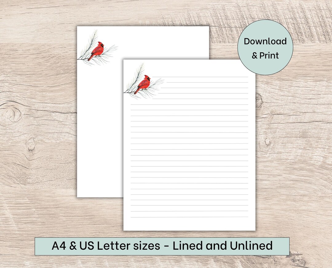 Red Cardinal Printable Stationery, Watercolor Bird, Letter Writing ...