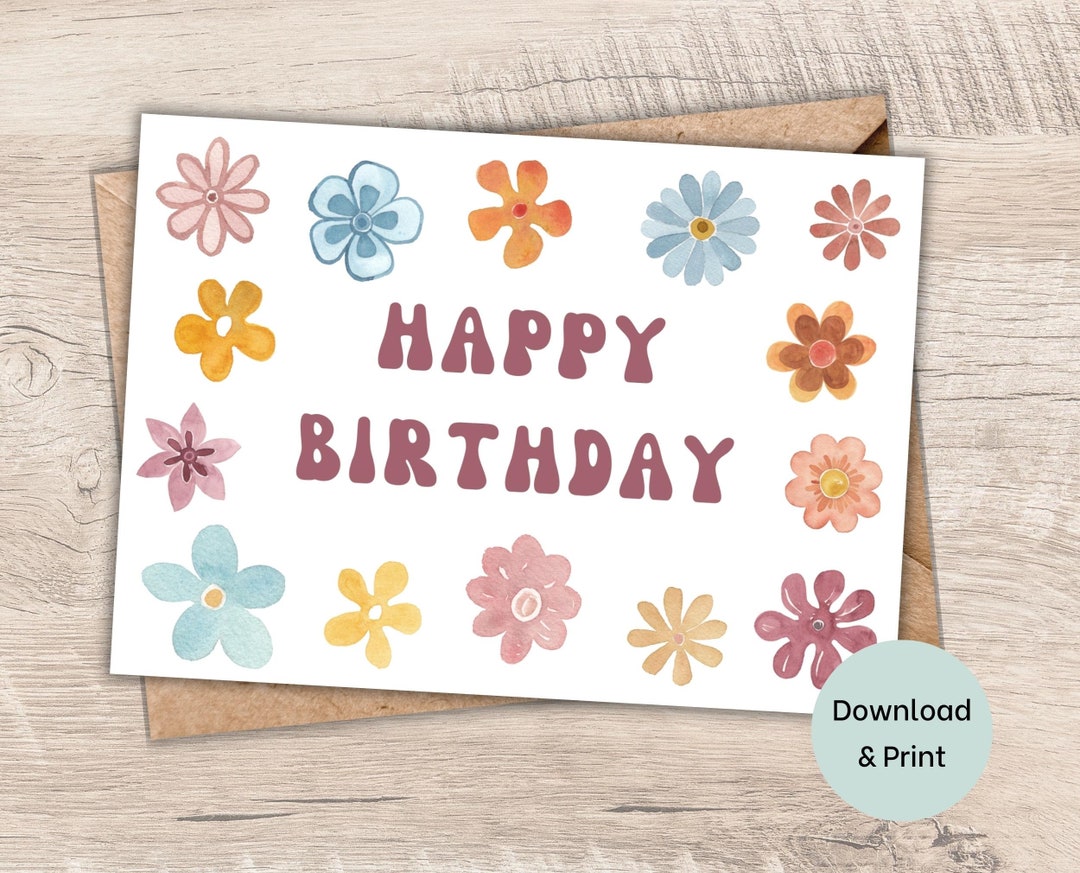 Retro Birthday Card Printable. Cute Retro Floral Design. Groovy Retro ...