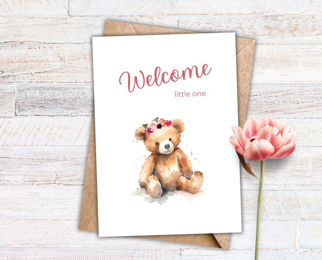Baby Card Printable, Baby Shower Card, Cute Teddy Bear, Baby Girl ...