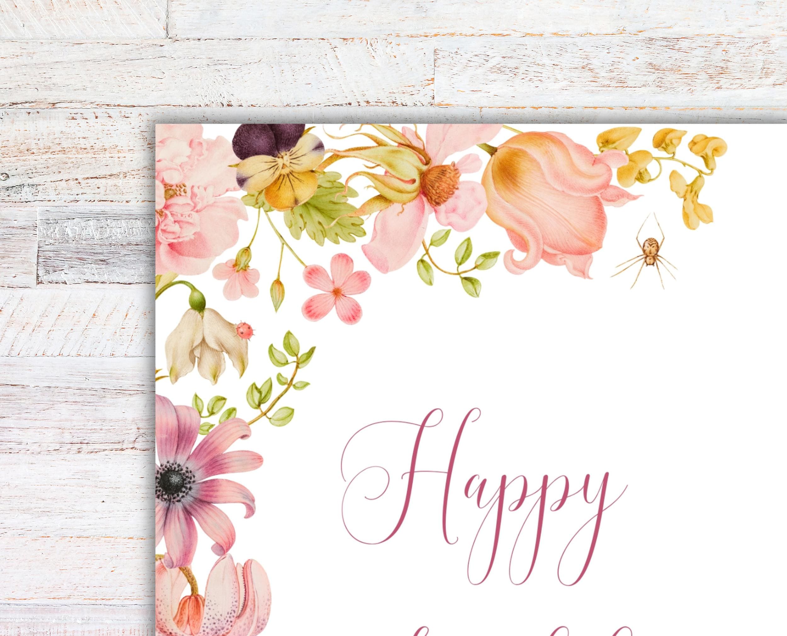 Floral Birthday Card, Printable Happy Birthday, Pink and Purple Flowers ...