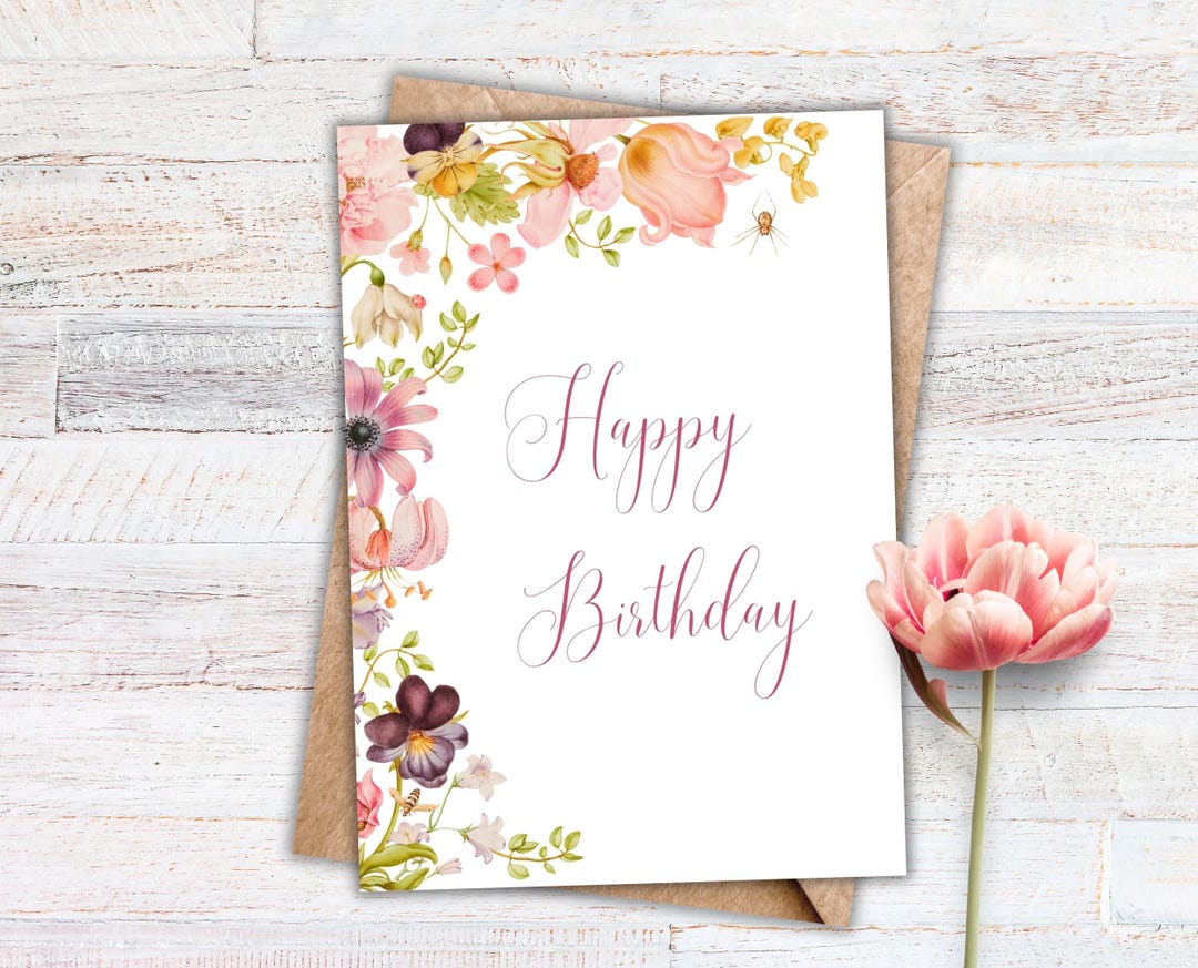 Floral Birthday Card, Printable Happy Birthday, Pink and Purple Flowers ...