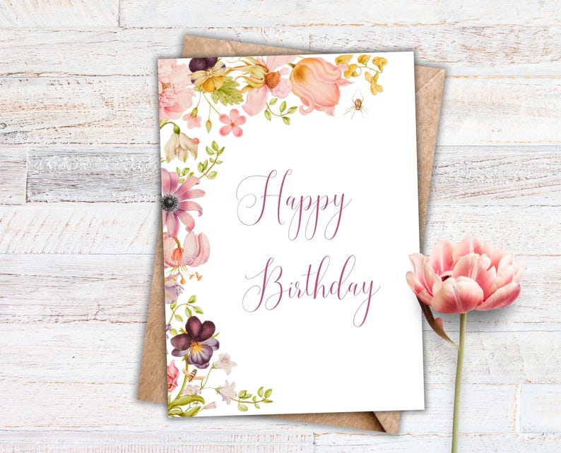 Floral Birthday Card, Printable Happy Birthday, Pink and Purple Flowers ...