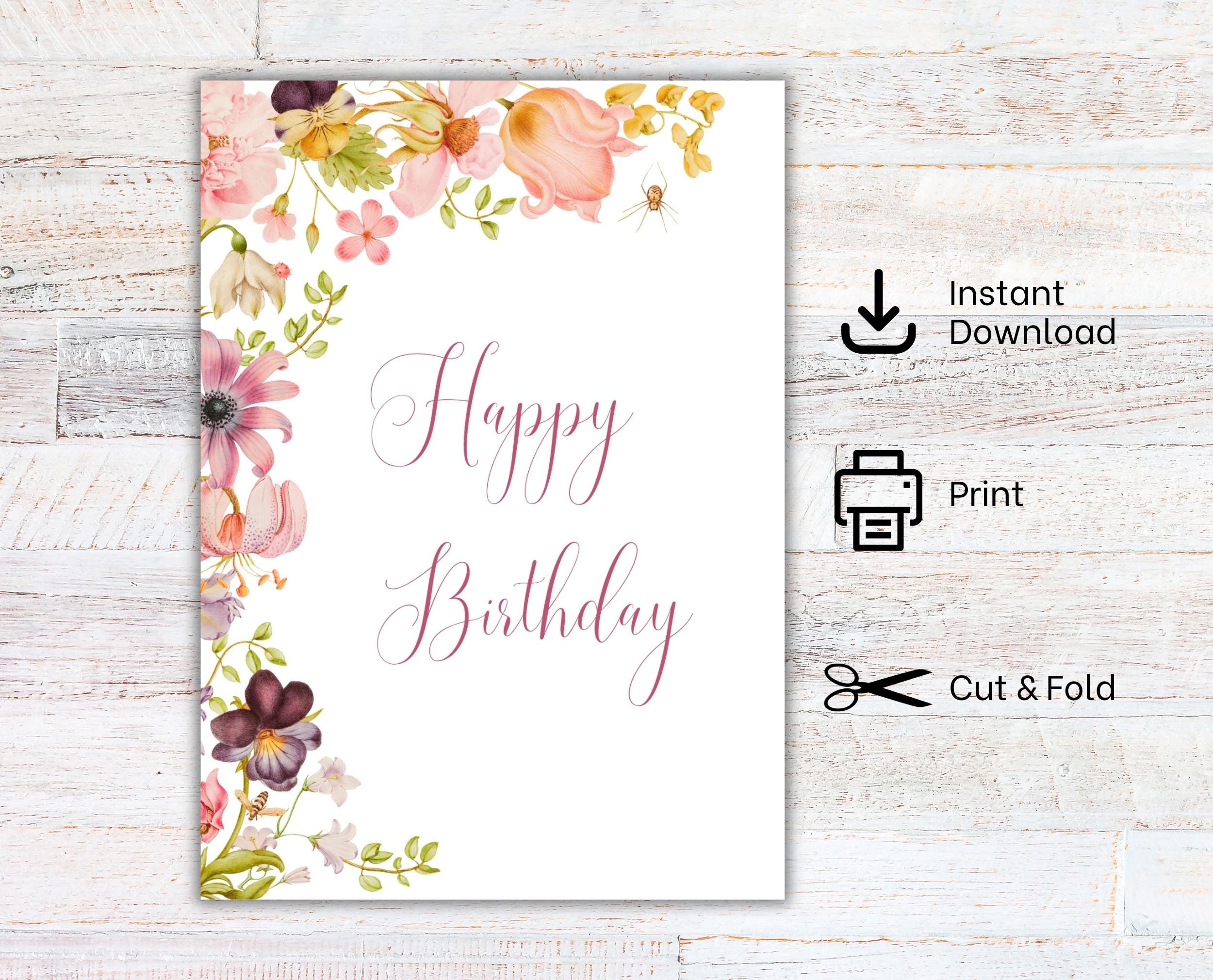 Floral Birthday Card, Printable Happy Birthday, Pink and Purple Flowers ...