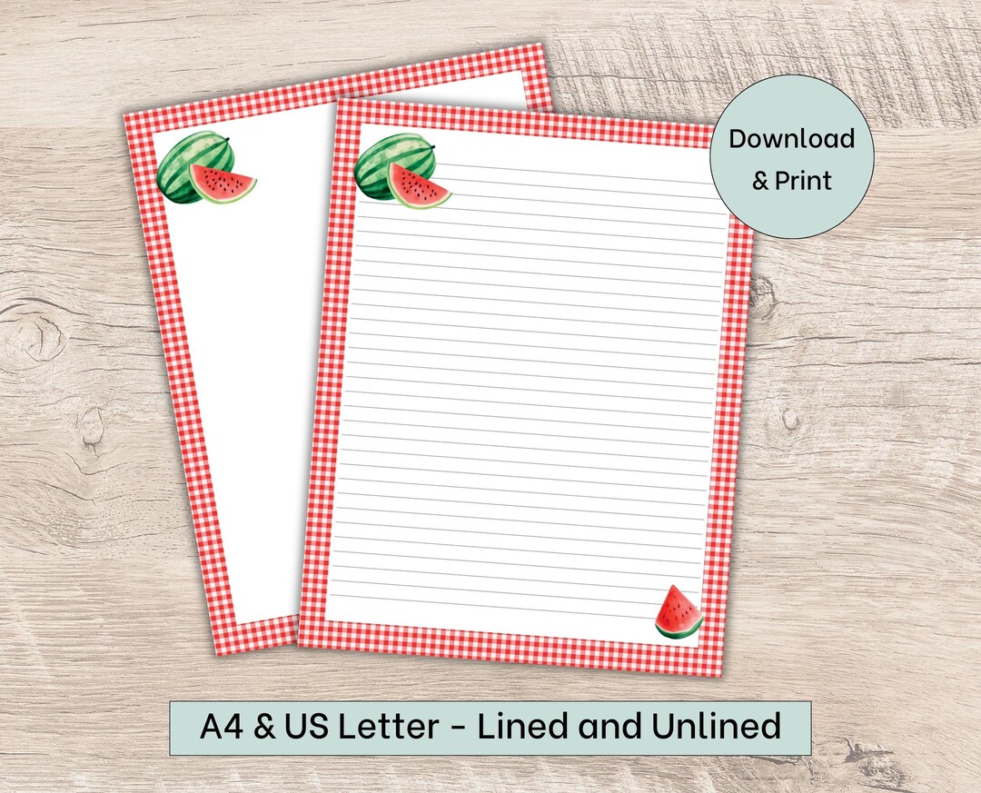 Watermelon Printable Stationery, Lined Writing Paper, Red Gingham ...