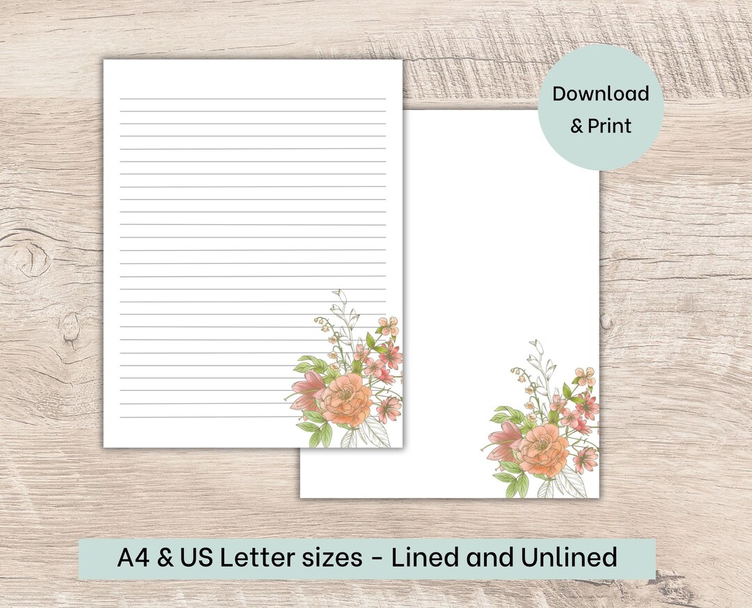 Printable Stationery, Pink Floral Botanical Letter Writing Paper, US ...