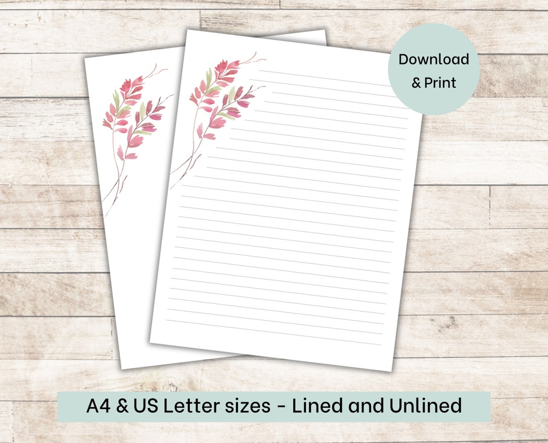 Printable Stationery, Pink Wildflowers, A4, US Letter 8.5x11 In., Lined ...