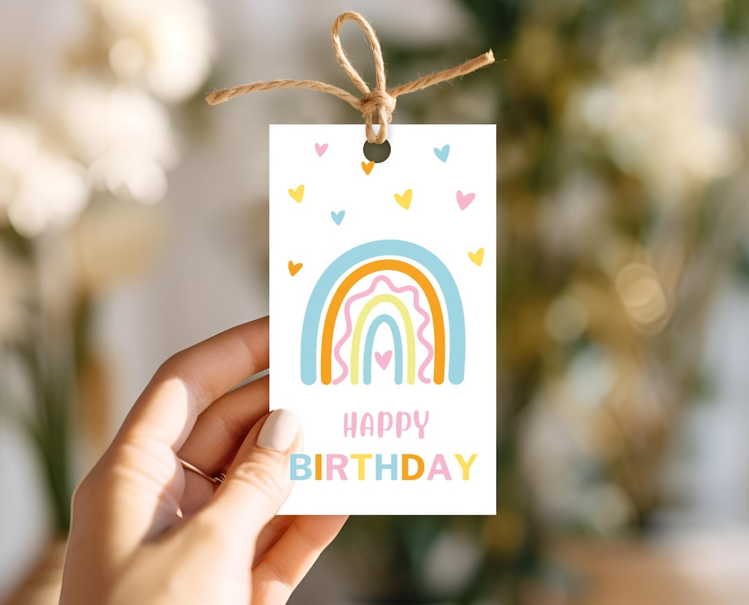 Printable Birthday Gift Tags, Rainbow and Hearts Gift Tag Labels, Happy ...