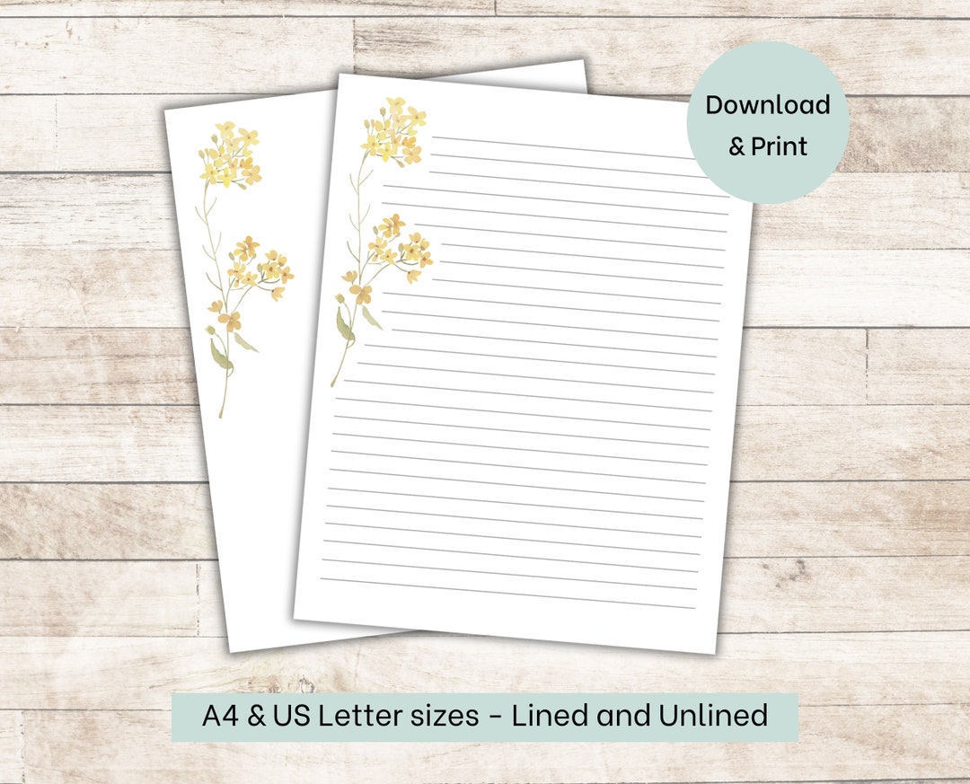 Printable Stationery, Yellow Floral Paper, A4, US Letter 8.5x11 In ...