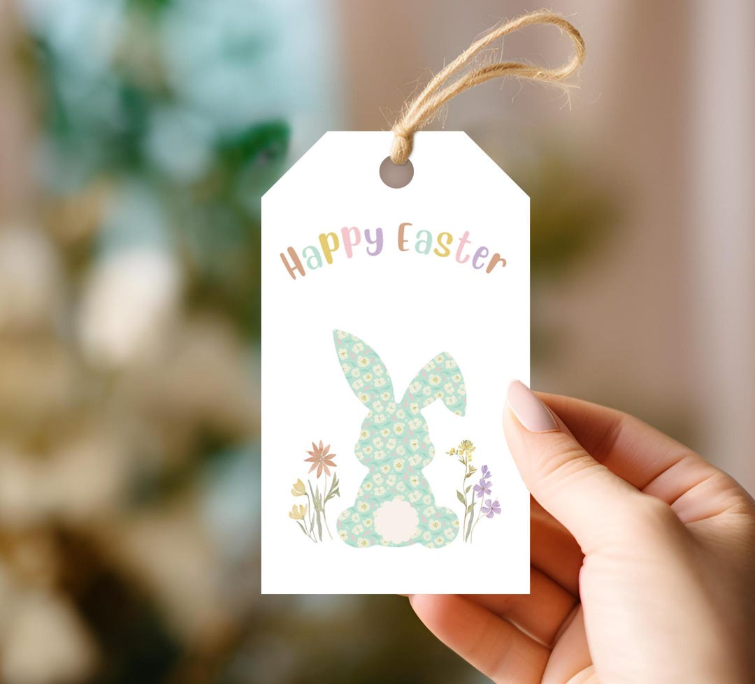 Printable Easter Tag With Bunny Rabbit, Watercolor Flowers, Happy ...
