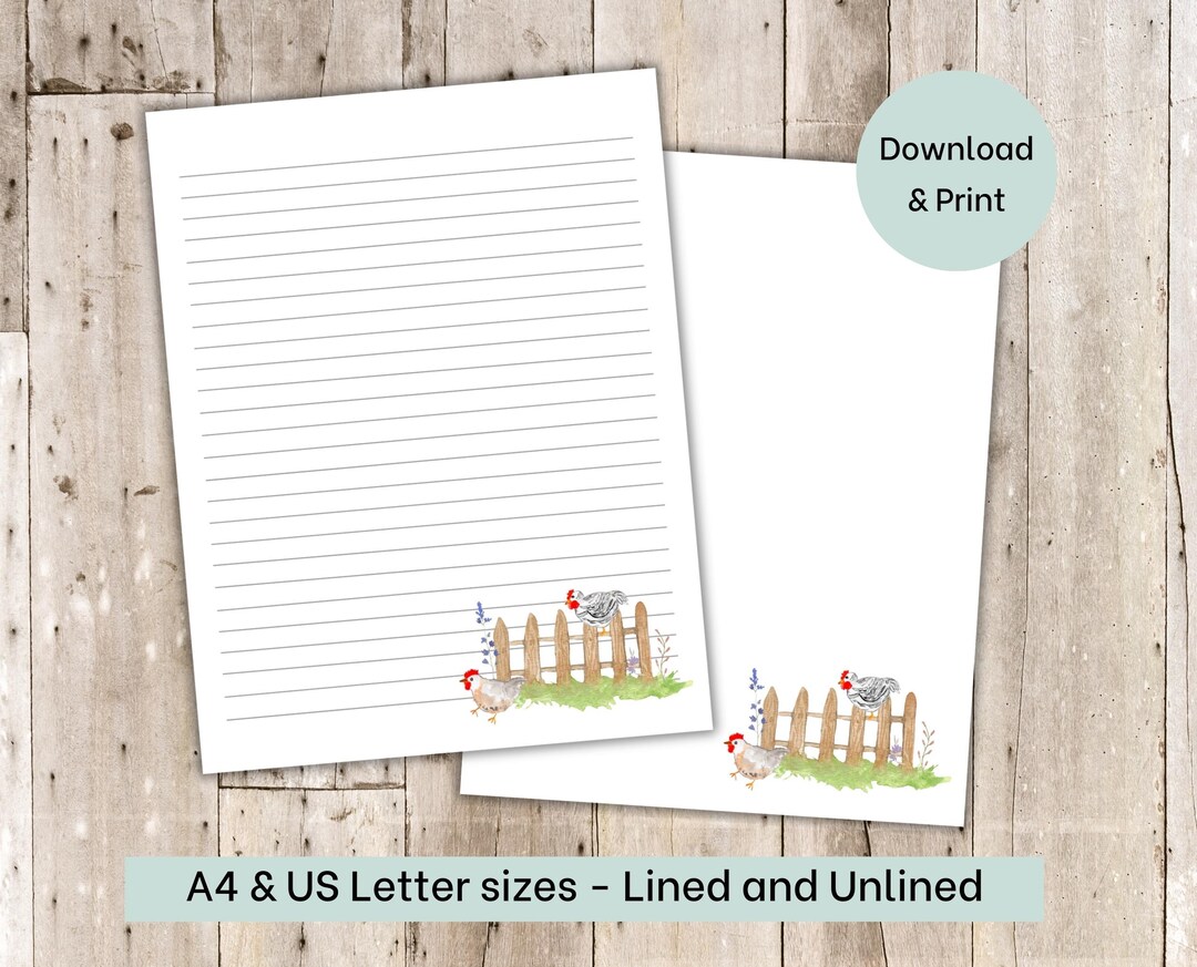 Chicken Printable Stationery, Letter Writing Paper, US Letter, A4 Sizes ...