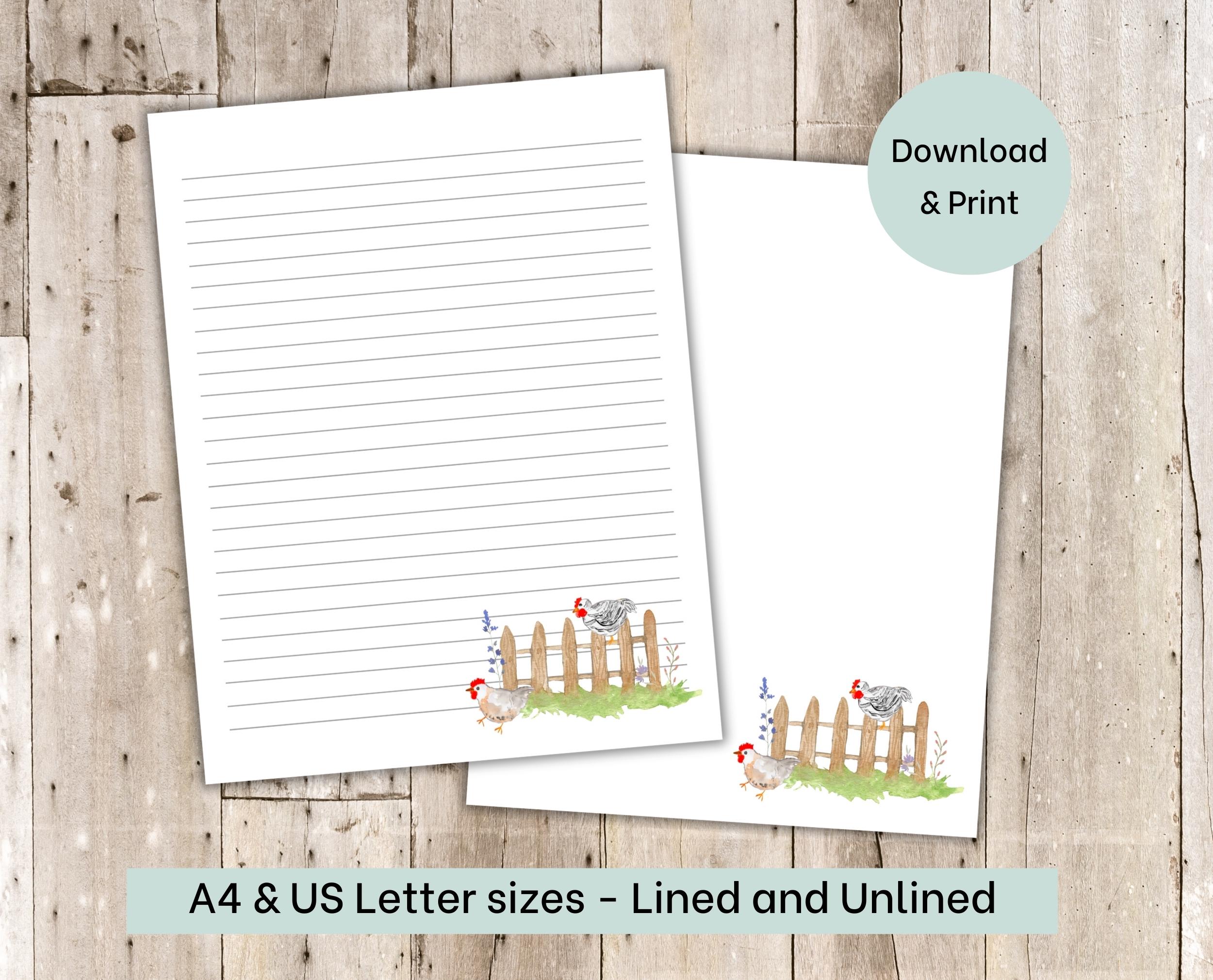 Chicken Printable Stationery, Letter Writing Paper, US Letter, A4 Sizes ...