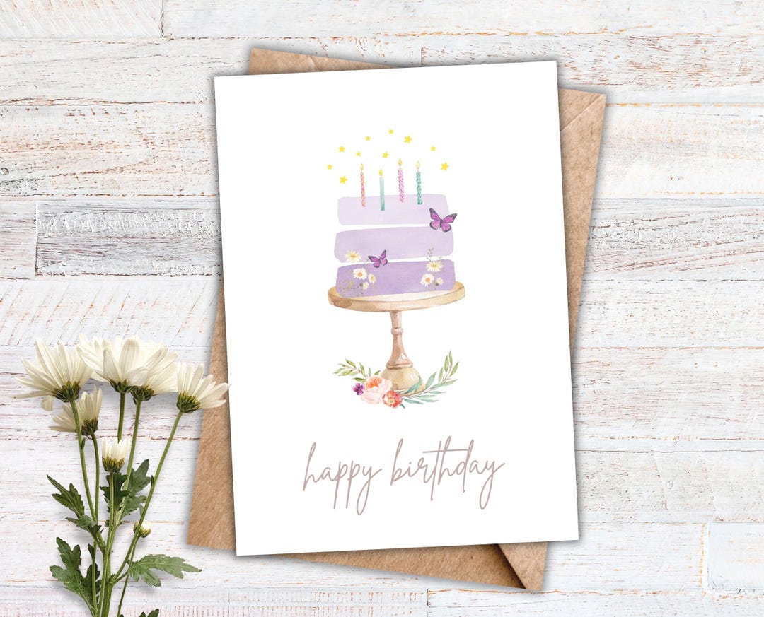 Birthday Cake Card, Purple Butterflies, Lavender Layered Cake Design ...