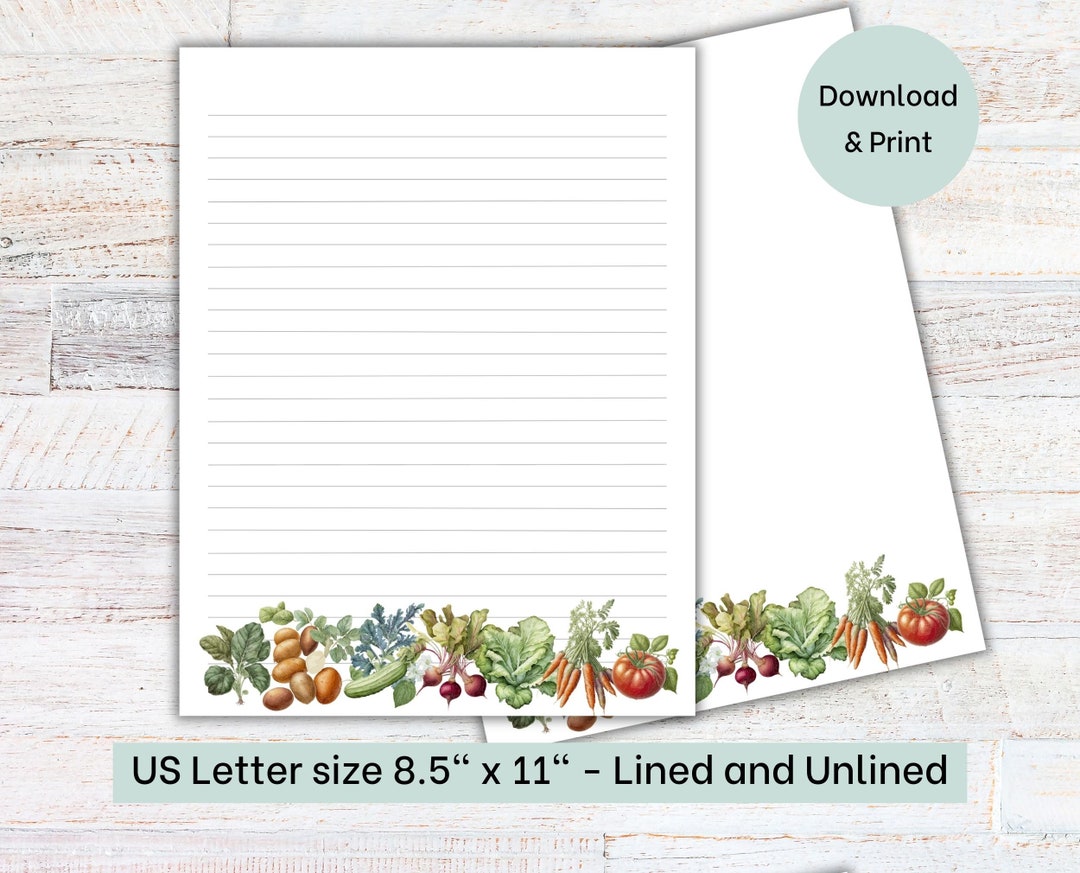Printable Vegetable Writing Paper Note Lined Unlined Paper US Letter 8 ...