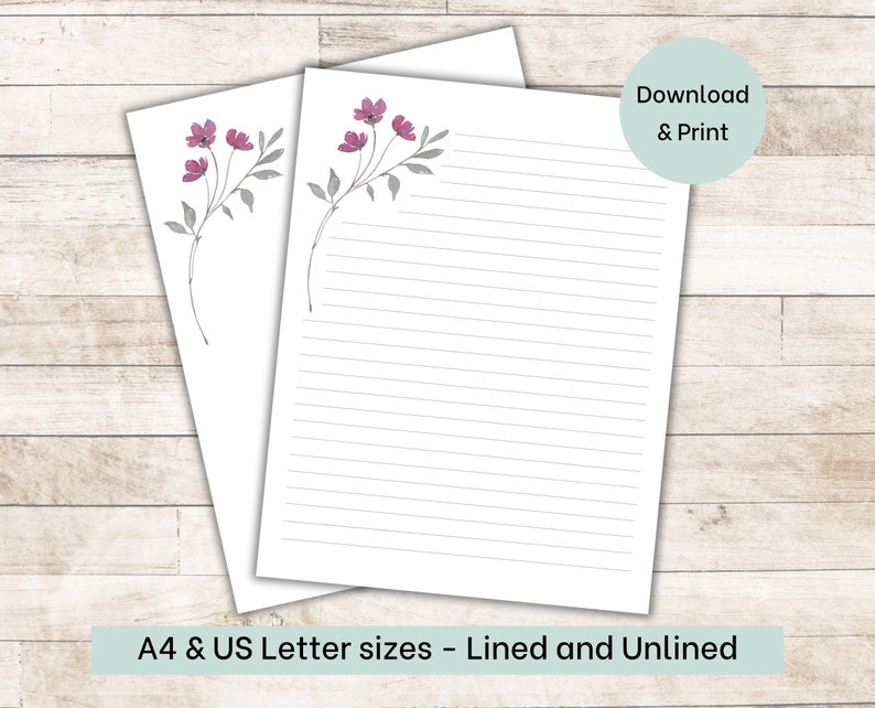 Printable Stationery, Purple Wildflowers Floral, A4, US Letter 8.5x11 ...