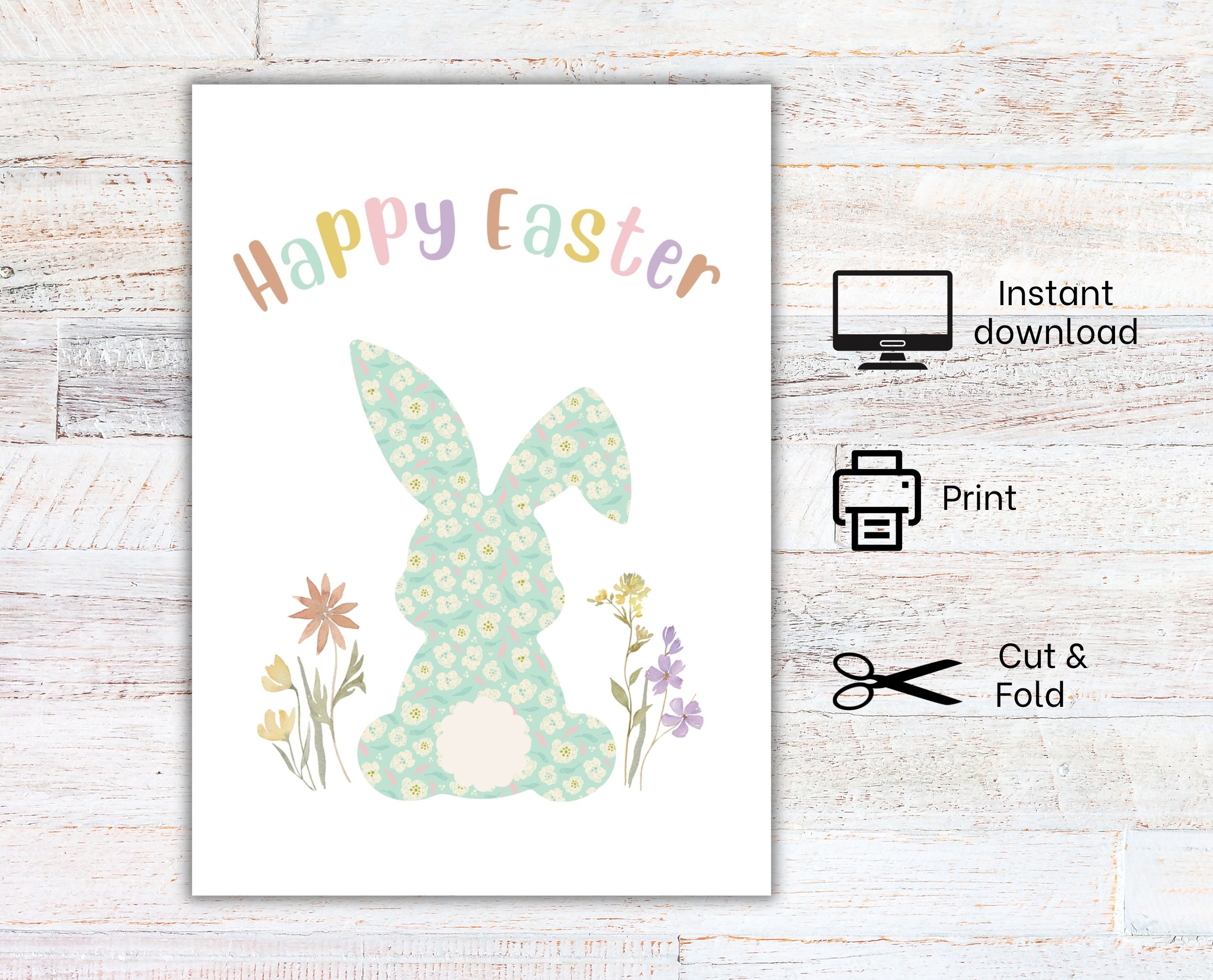 Printable Easter Card With Bunny Rabbit, Watercolor Flowers, Instant ...