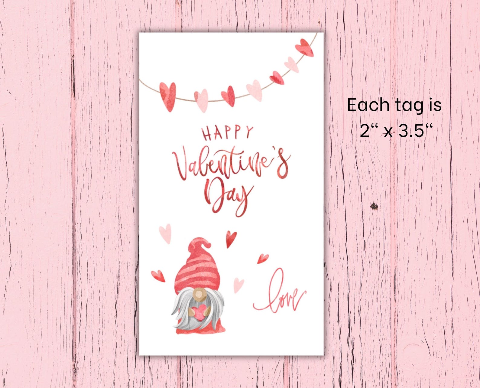 Gnome Valentine Tag, Printable Happy Valentines Day, Pink Red Hearts ...