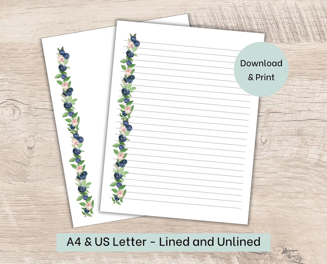 Blueberry Printable Stationery, Letter Writing Paper, US Letter A4 ...