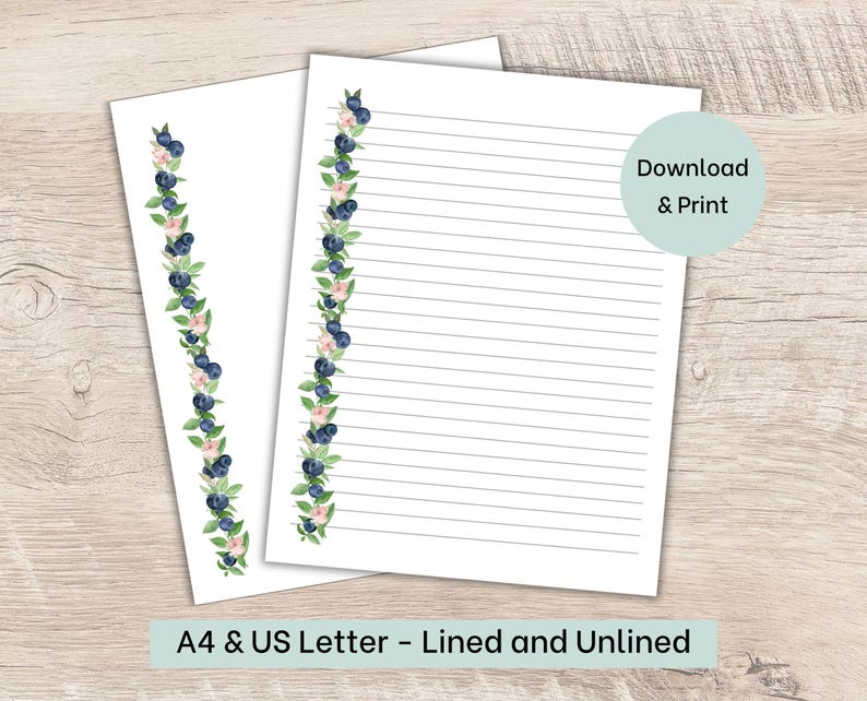 Blueberry Printable Stationery, Letter Writing Paper, US Letter A4 ...