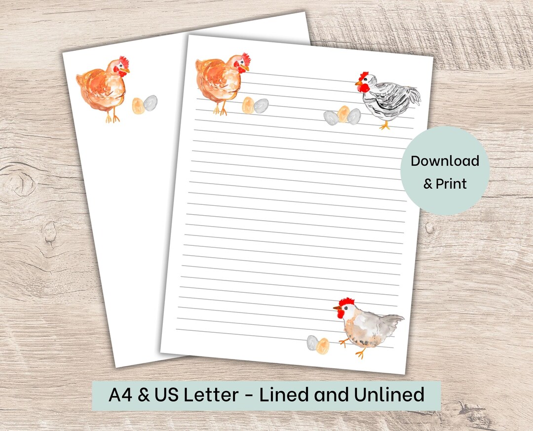 Chicken Printable Stationery, Letter Writing Paper, US Letter, A4 Sizes ...