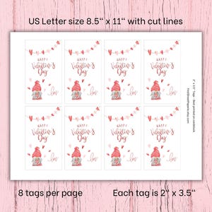 Gnome Valentine Tag, Printable Happy Valentines Day, Pink Red Hearts ...