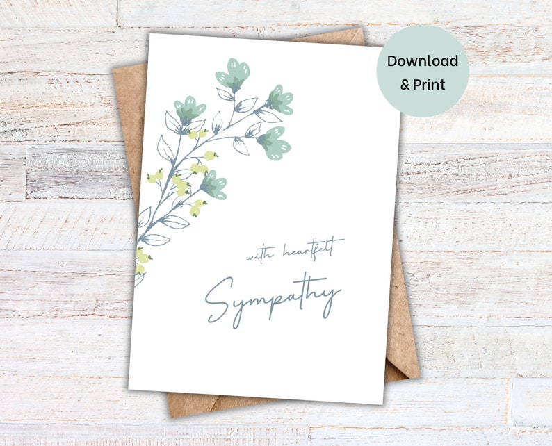 Sympathy Card Printable, Bereavement Condolence Card, Simple Floral ...